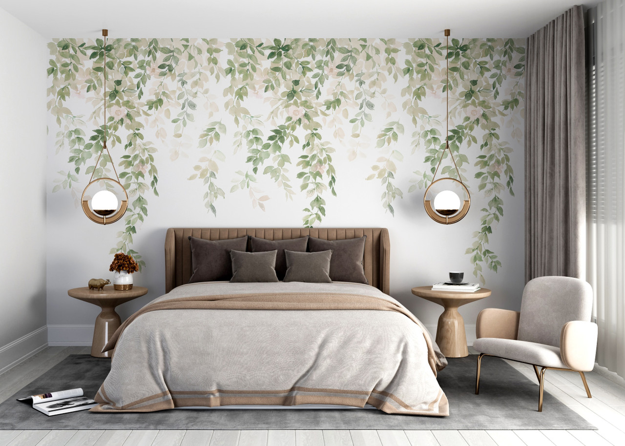 Green and Soft Pink Trailing Leaves Wallpaper Mural