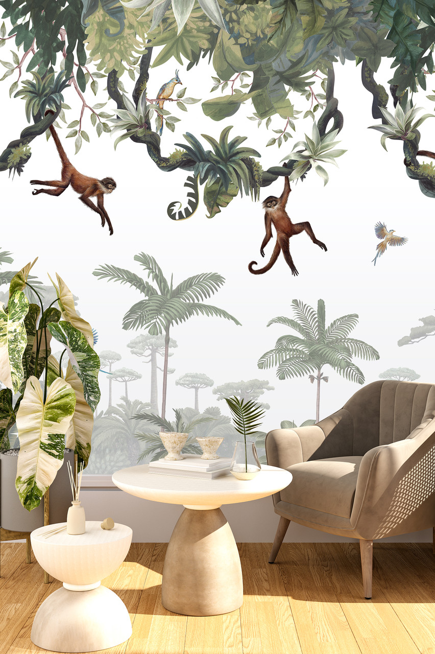 Trailing Tropical Wallpaper Wall Mural with Monkeys Playing | Kikki ...