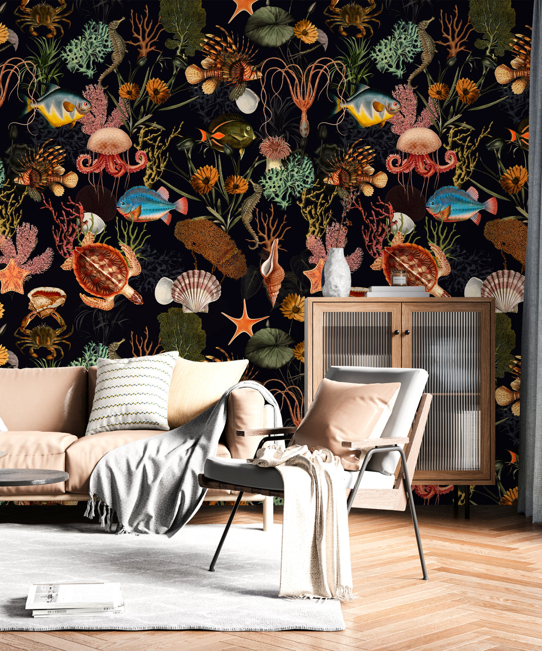 Black Multicolour Underwater Scene Coastal Fish Wallpaper Mural