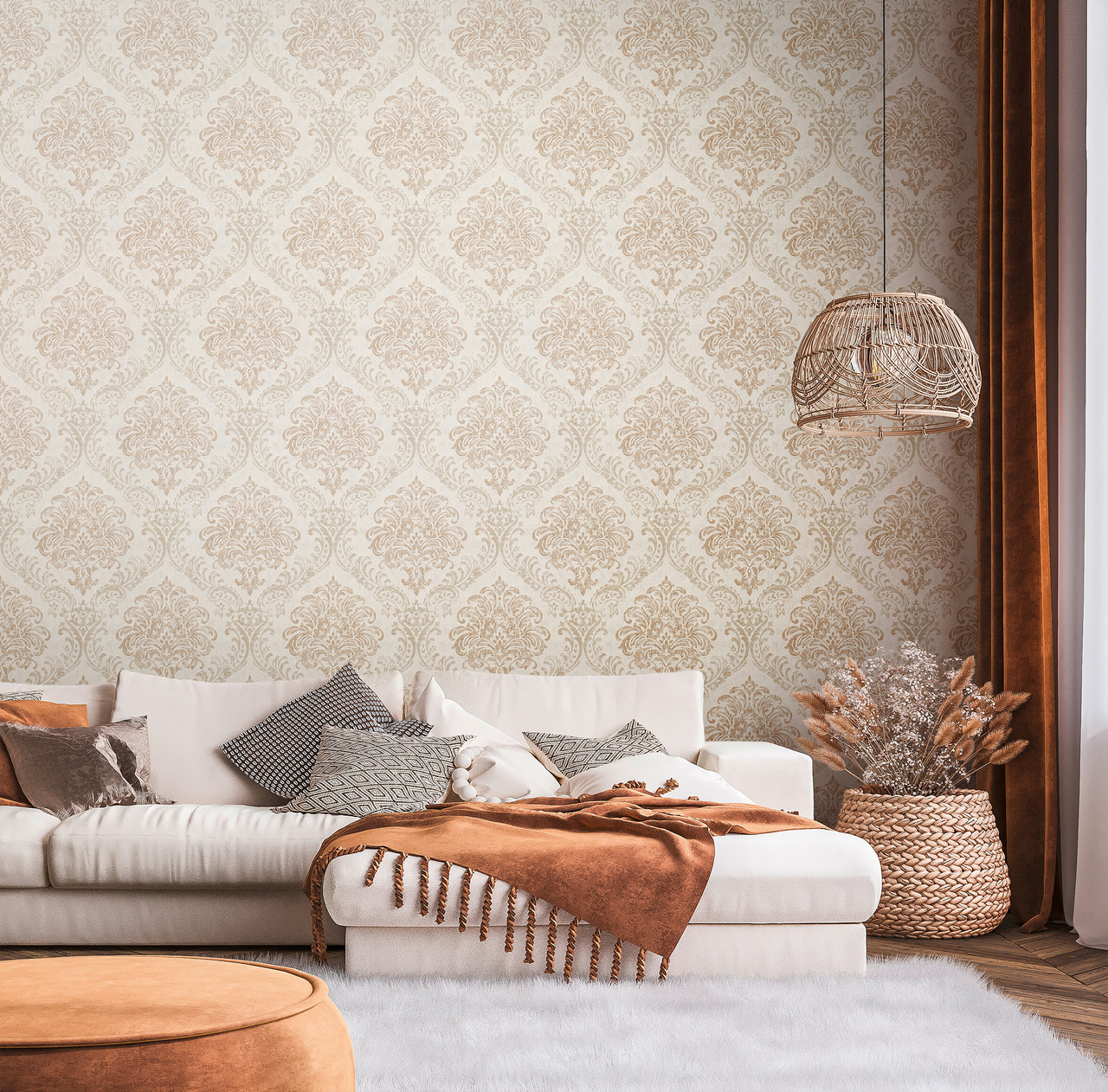 Vintage Cream Gold Non Woven Wallpaper | AS Creation Provincial Damask