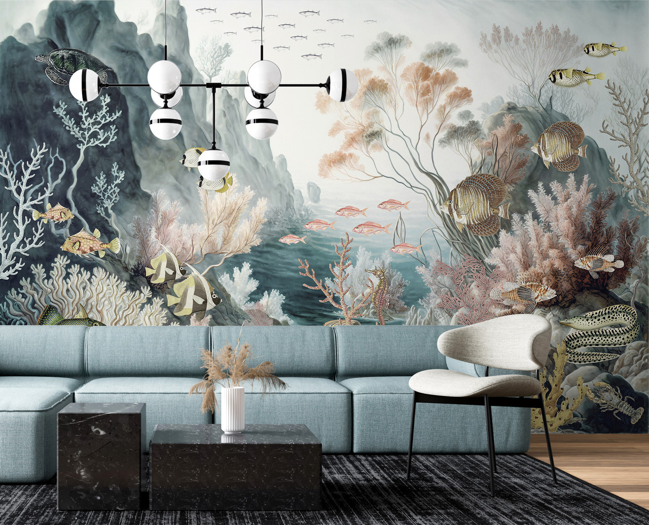 Pastel Pink Coral Reef Wallpaper Mural with Fish and Underwater Plants