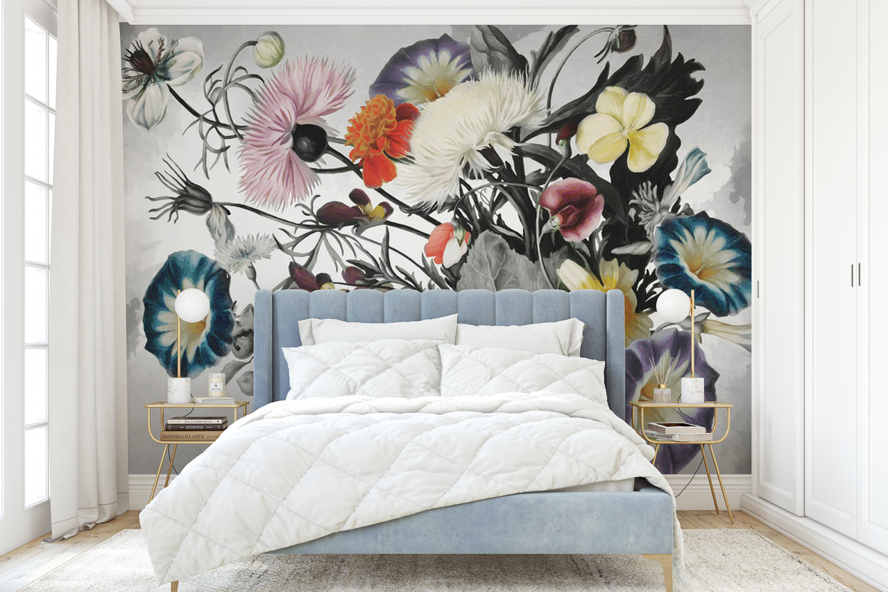 Stunning Floral Bouquet Spray Grey Multicolour Mural Vinyl Wallpaper ...