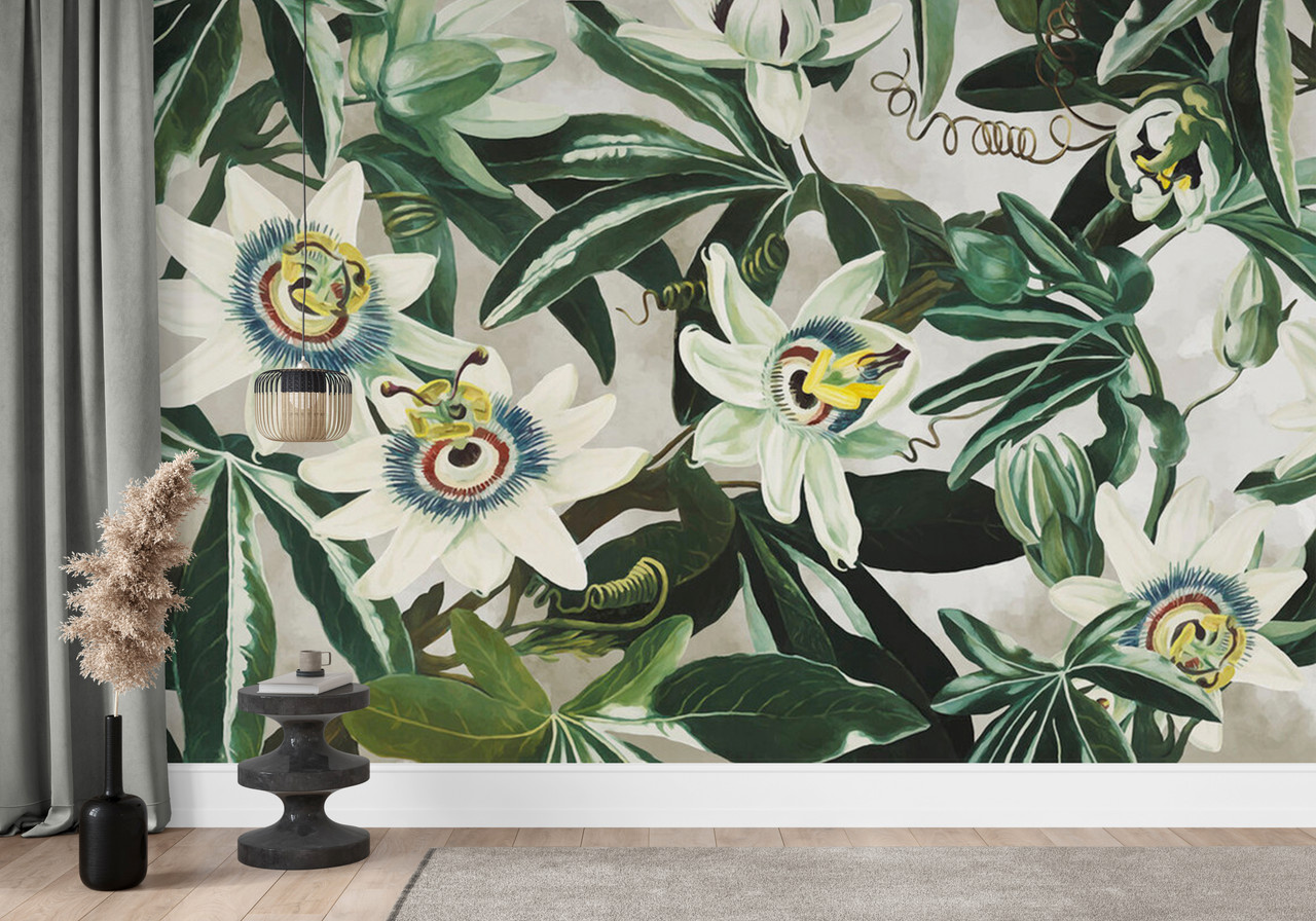 Blossoming Passiflora Flowers Green Mural Vinyl Wallpaper | Imary By Maryna