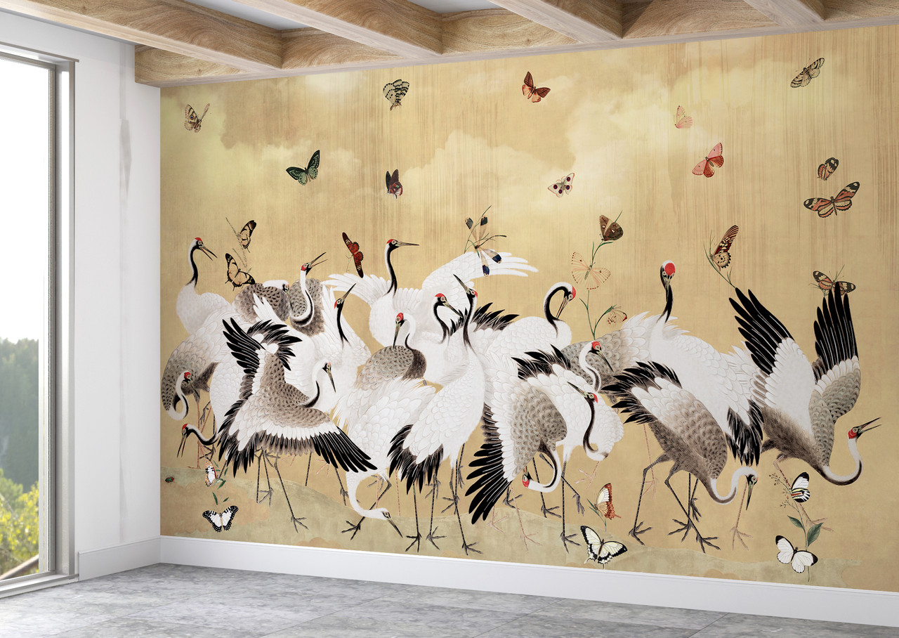 Stunning Oriental Cranes and Butterflies Yellow Gold Mural Vinyl ...