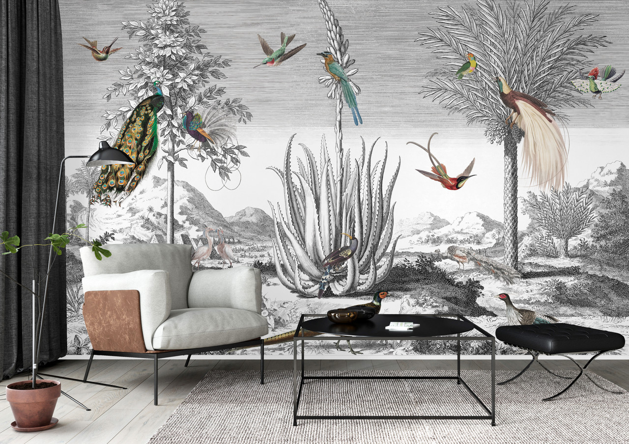 Peacock And Pheasant Birds Monochrome Multicolour Mural Vinyl Wallpaper ...