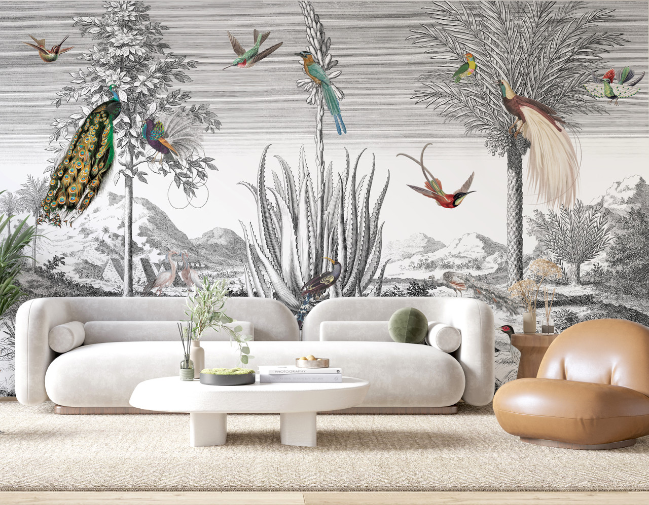 Peacock And Pheasant Birds Monochrome Multicolour Mural Vinyl Wallpaper ...