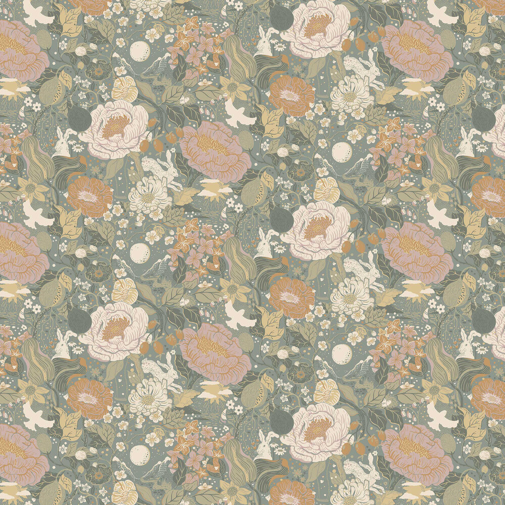 Hidden Bunnies + Birds Florals Foliage Dark Grey Wallpaper | Galerie Vaxa