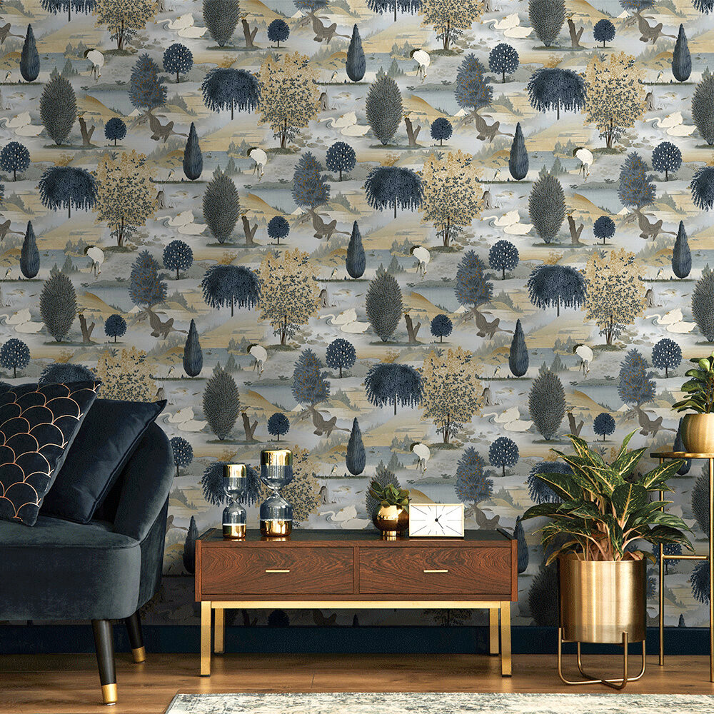Forest Bird Landscape Scene Navy Blue Wallpaper | Tundra
