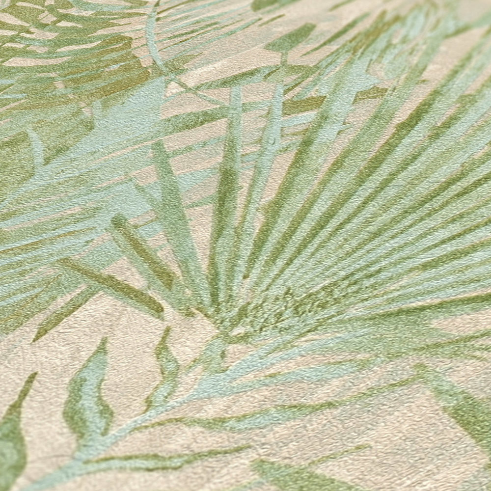Tropical Large Scale Palm Leaves Embossed Green Beige Non Woven ...