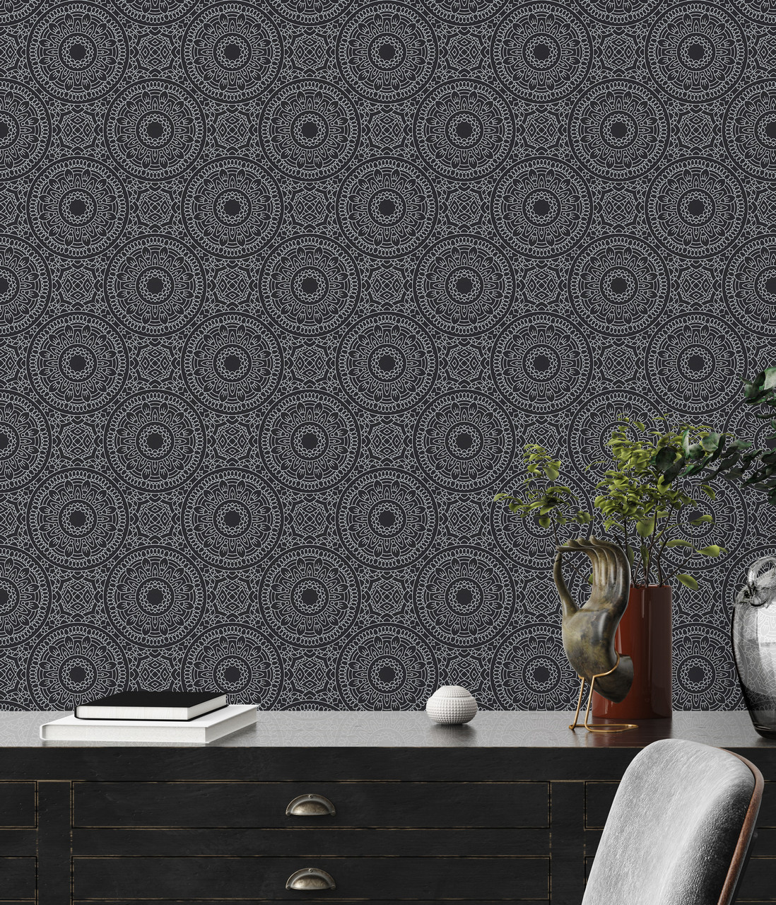 Sircle Bold Geometric Circle Metallic Black Silver Non Woven Wallpaper