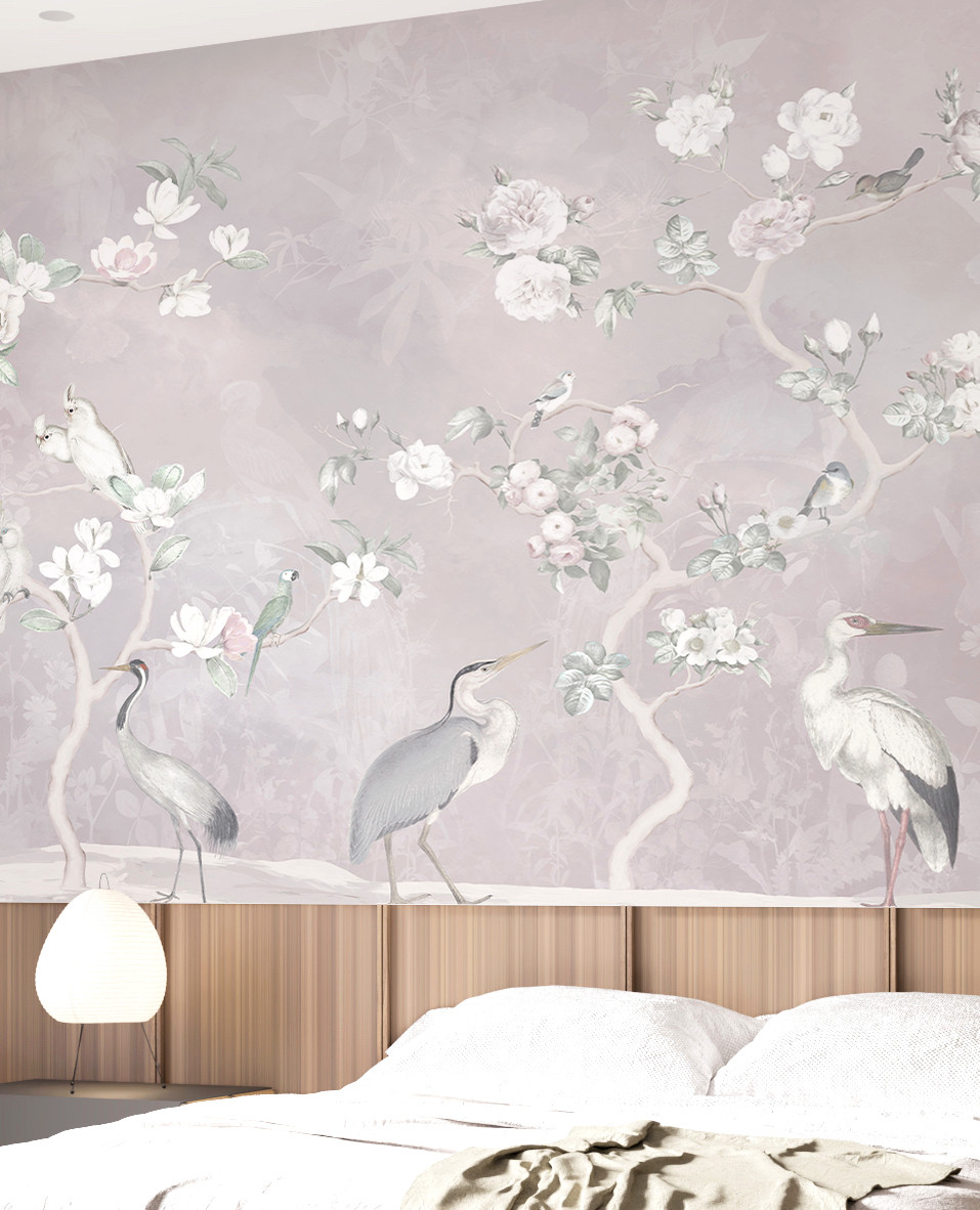 Chinoiserie Scenery Lilac Grey Mural Vinyl Wallpaper | Imary By Maryna