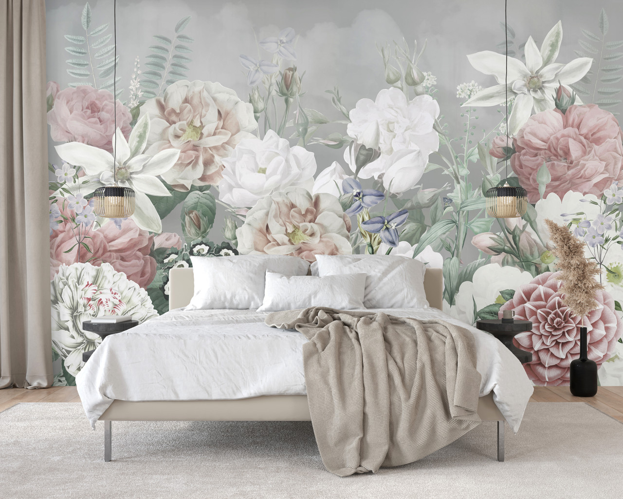 Grey Large Scale Floral Wallpaper Mural | Dahlia Carnation Peony ...