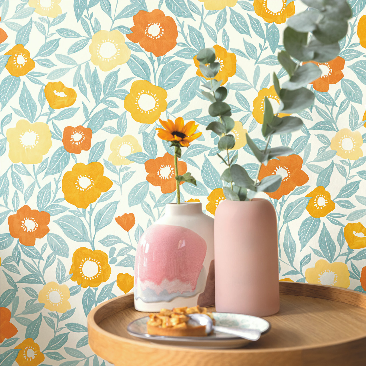 Poppy Flowers Yellow Orange Vinyl Non Woven Wallpaper | Caselio Lucky