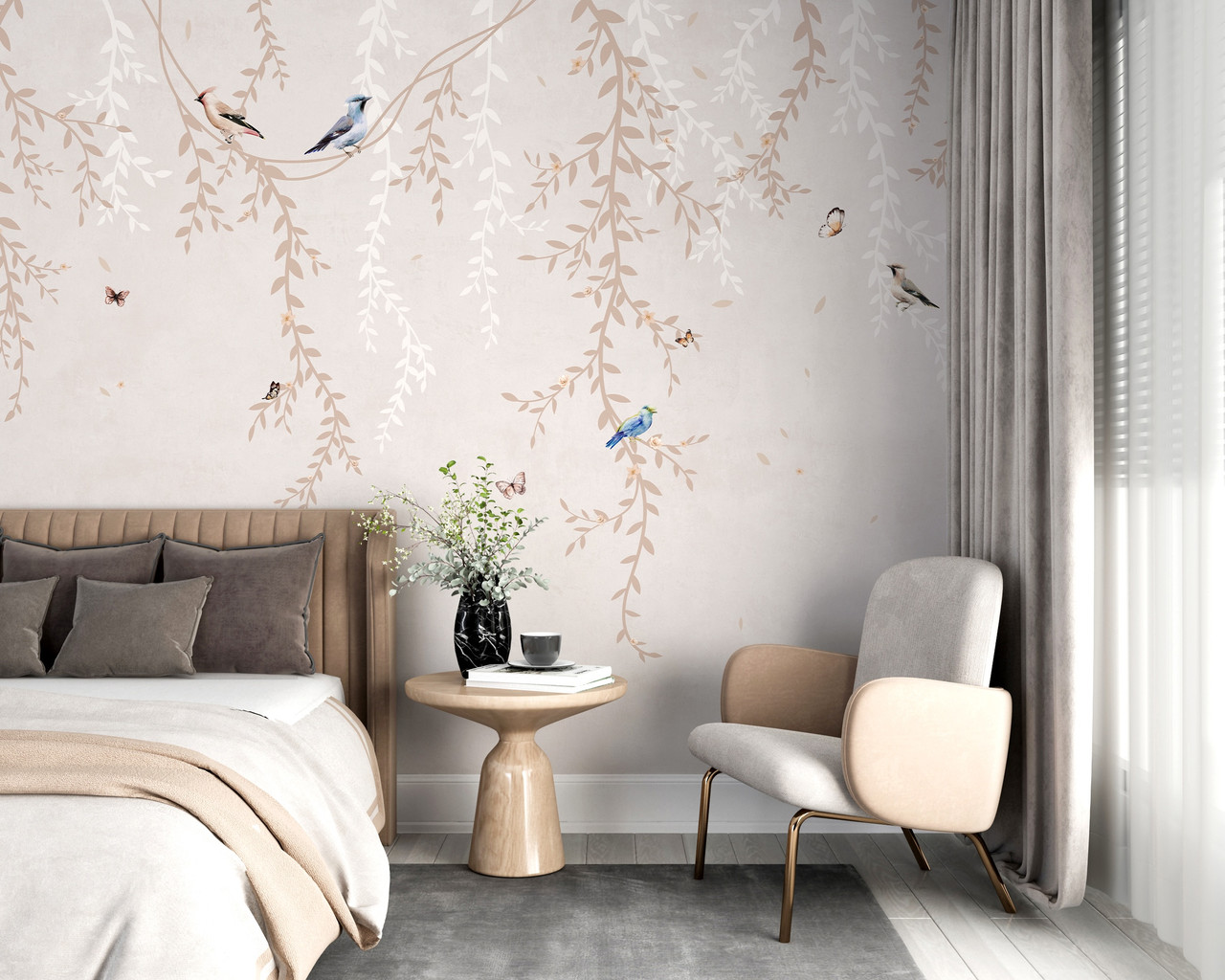 Pale Pink Trailing Leaves / Birds on Branches Wallpaper Mural