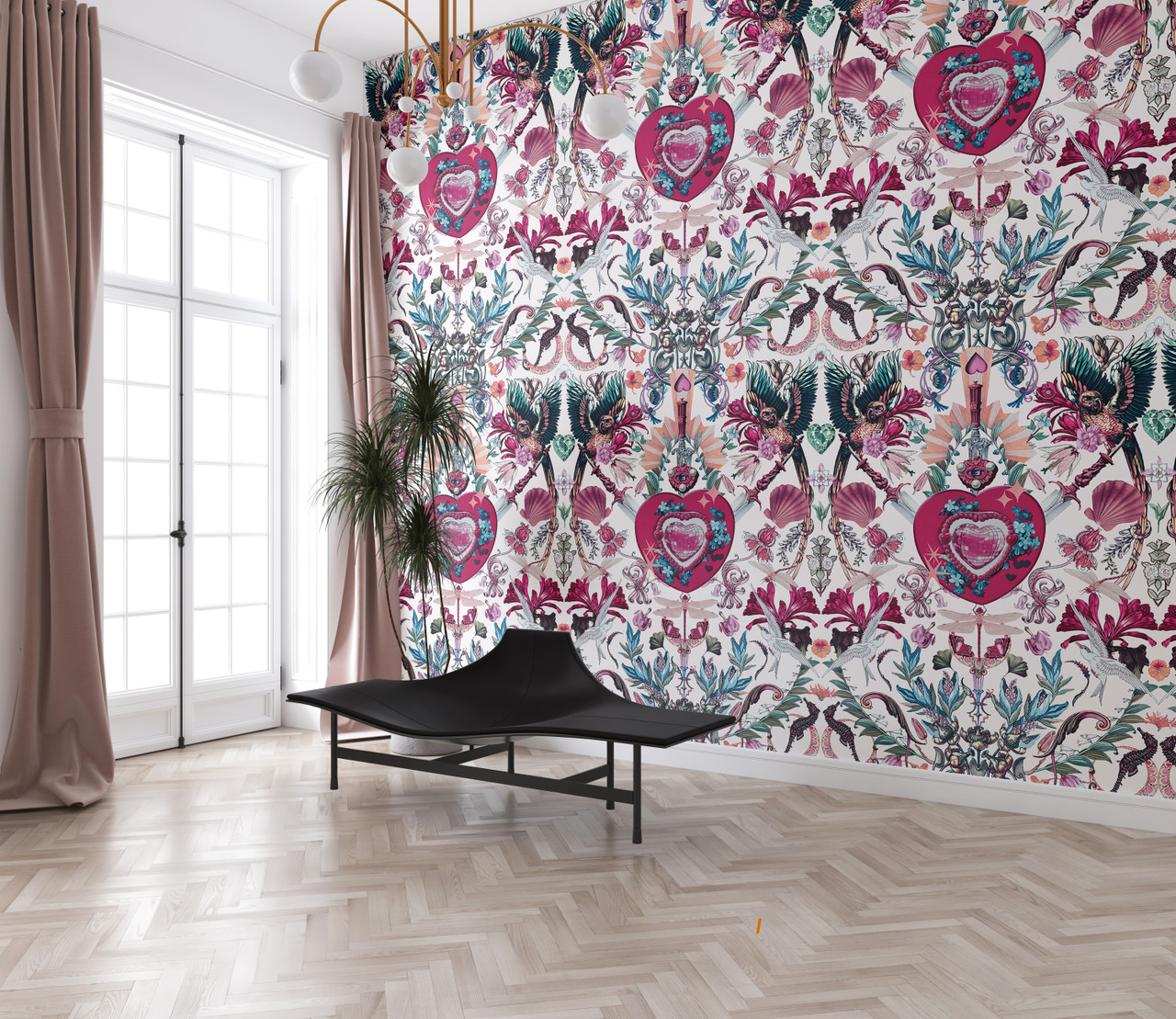Magenta Pink and Ivory Colour Burst Bohemian Style Retro Wallpaper Mural