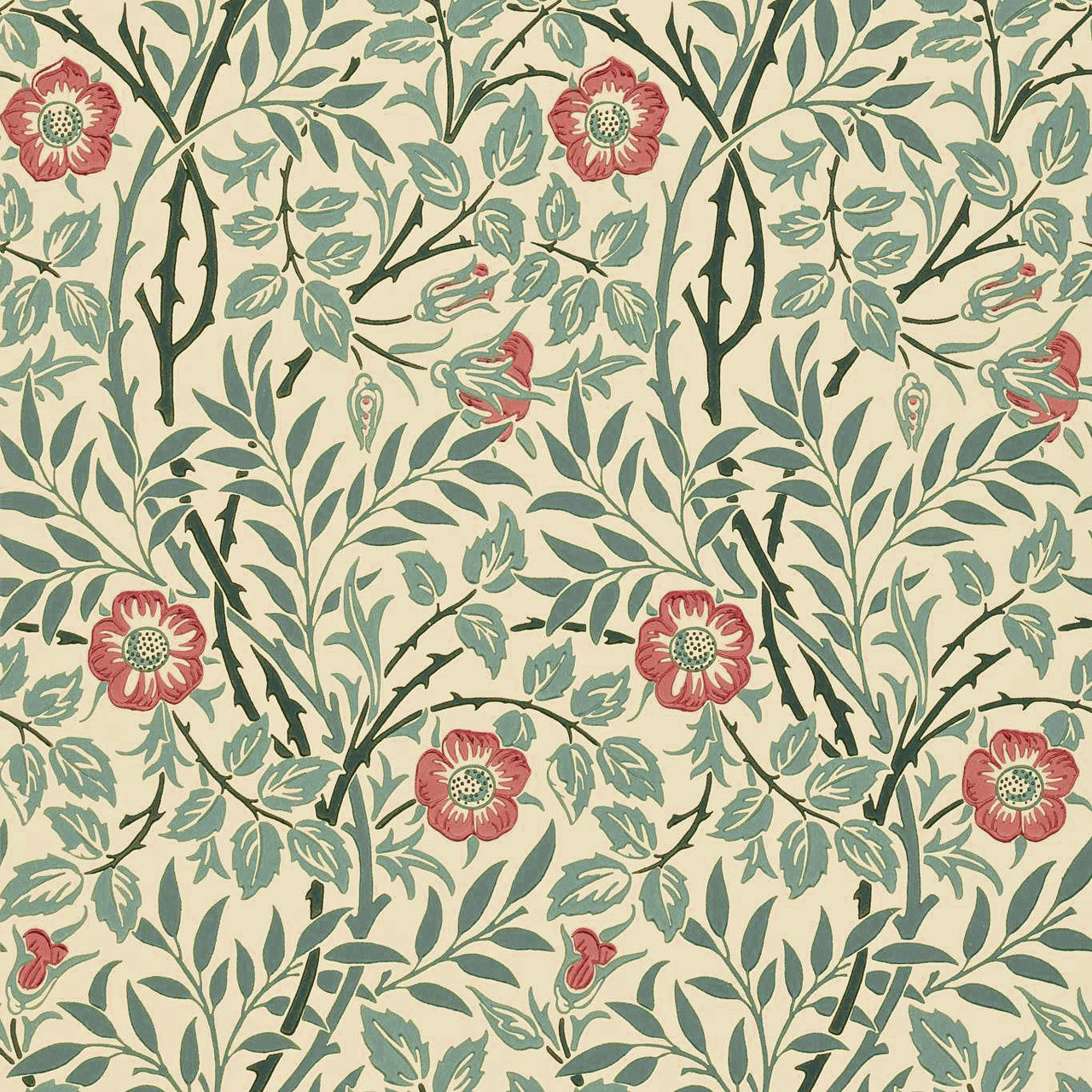 Small Scale Rose Heads Barbed Stems Green Rust Wallpaper | Morris & Co ...