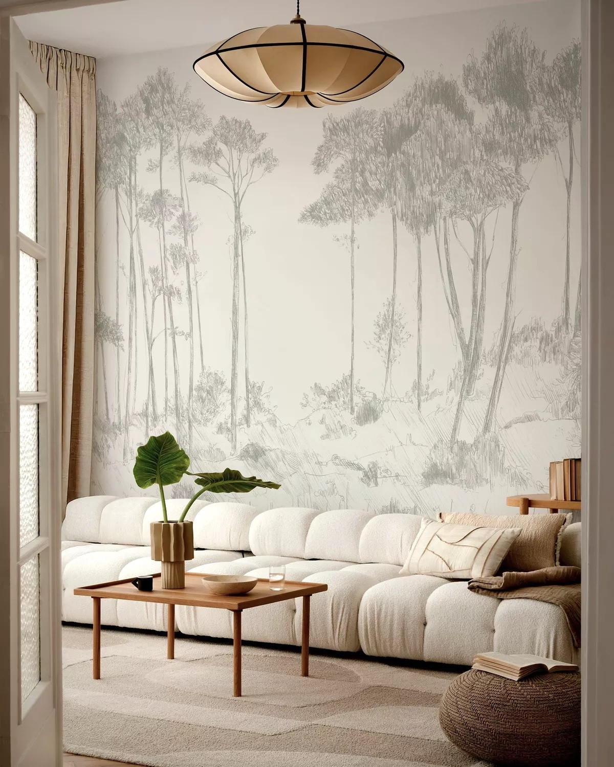 Sketched Tall Tree Grey Wallpaper Mural
