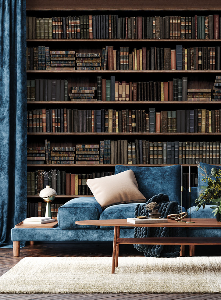 Vintage look library books wallpaper mural - red tones