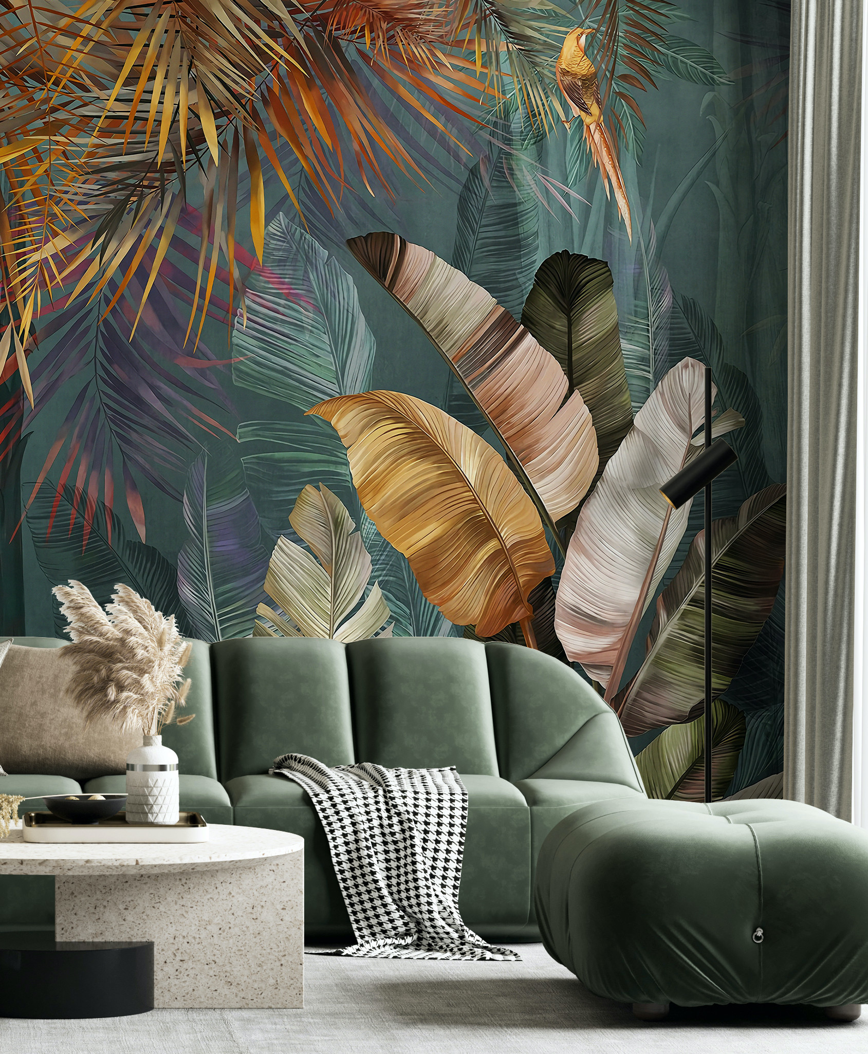 Teal and Multi Tropical Paradise Birds and Palms Wallpaper Mural