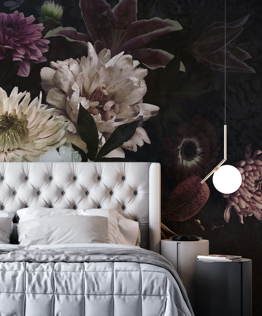 Moody Black Floral Large Scale Flowers Wallpaper Mural | Bedroom Wallpaper