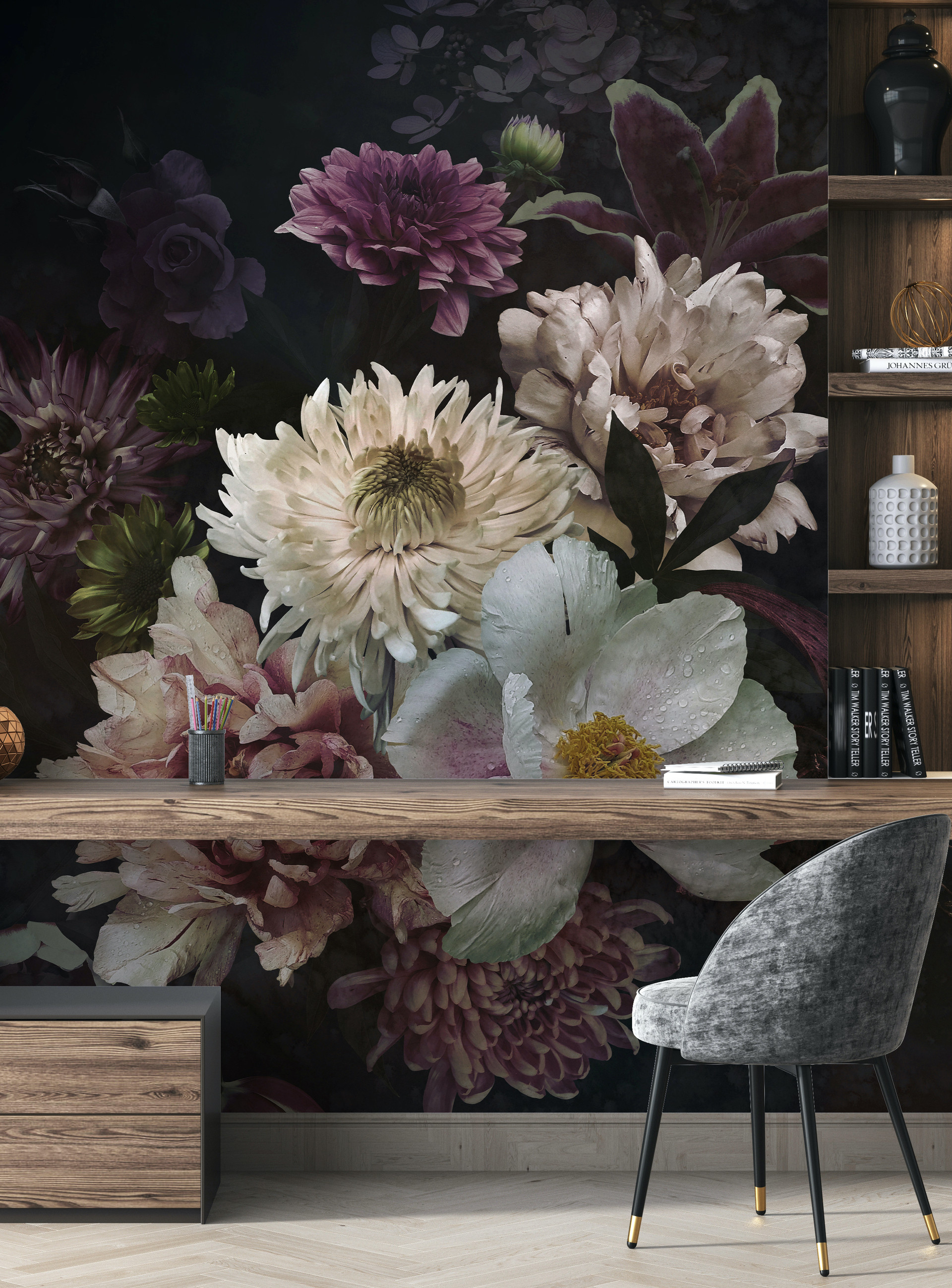 Moody Black Floral Large Scale Flowers Wallpaper Mural | Bedroom Wallpaper
