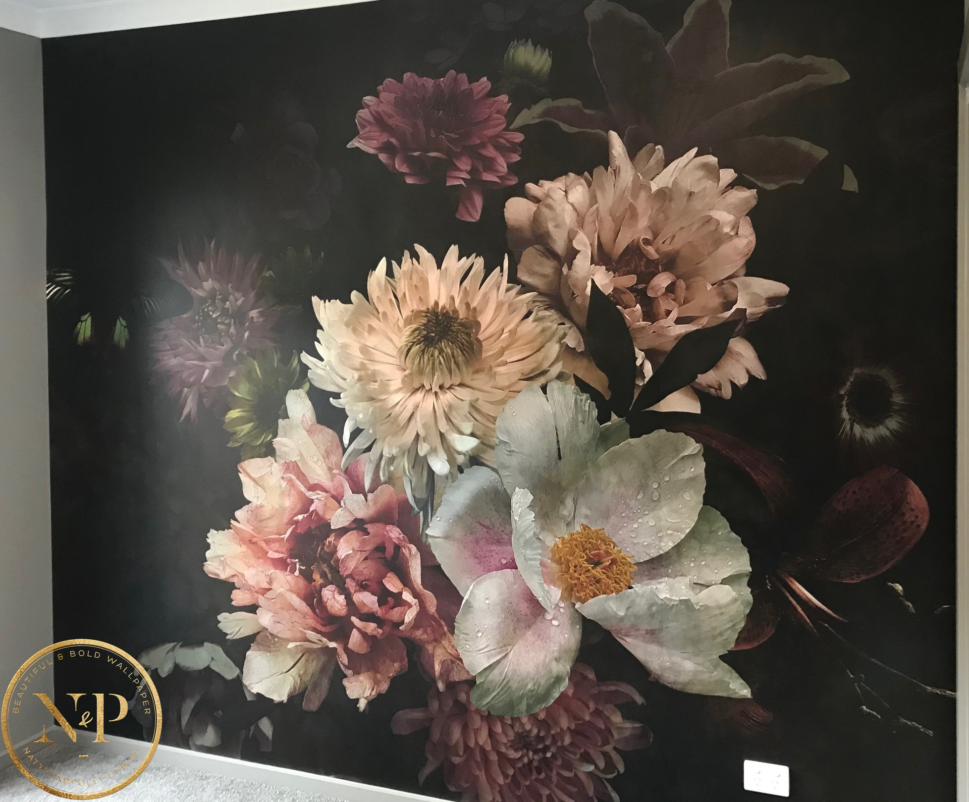 Moody Black Floral Large Scale Flowers Wallpaper Mural | Bedroom Wallpaper