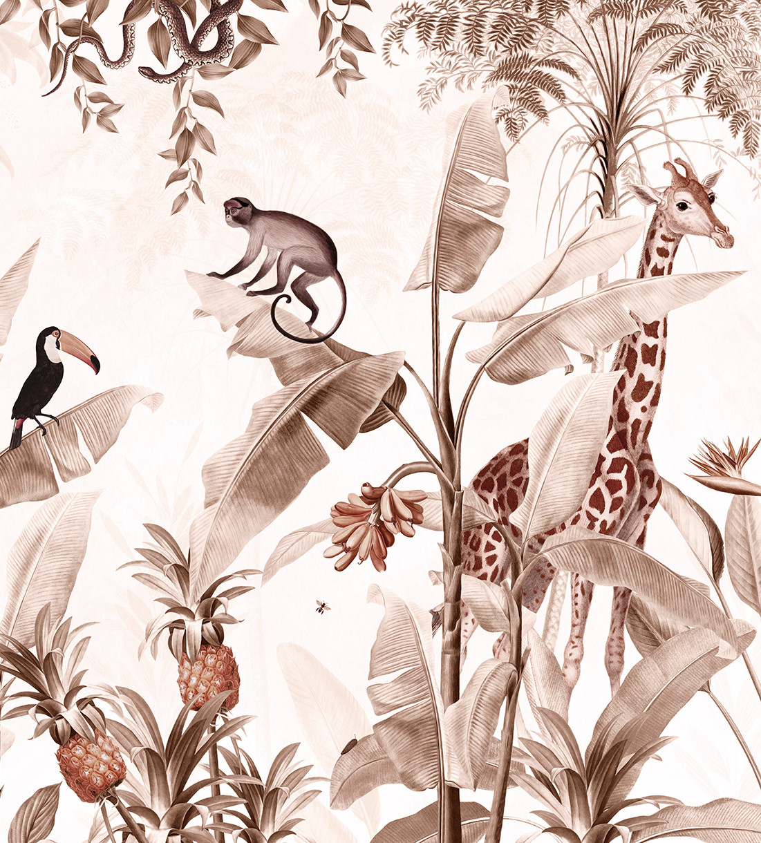 Sepia Pineapple Jungle Animals Tropical Brown Neutral Wallpaper Mural ...