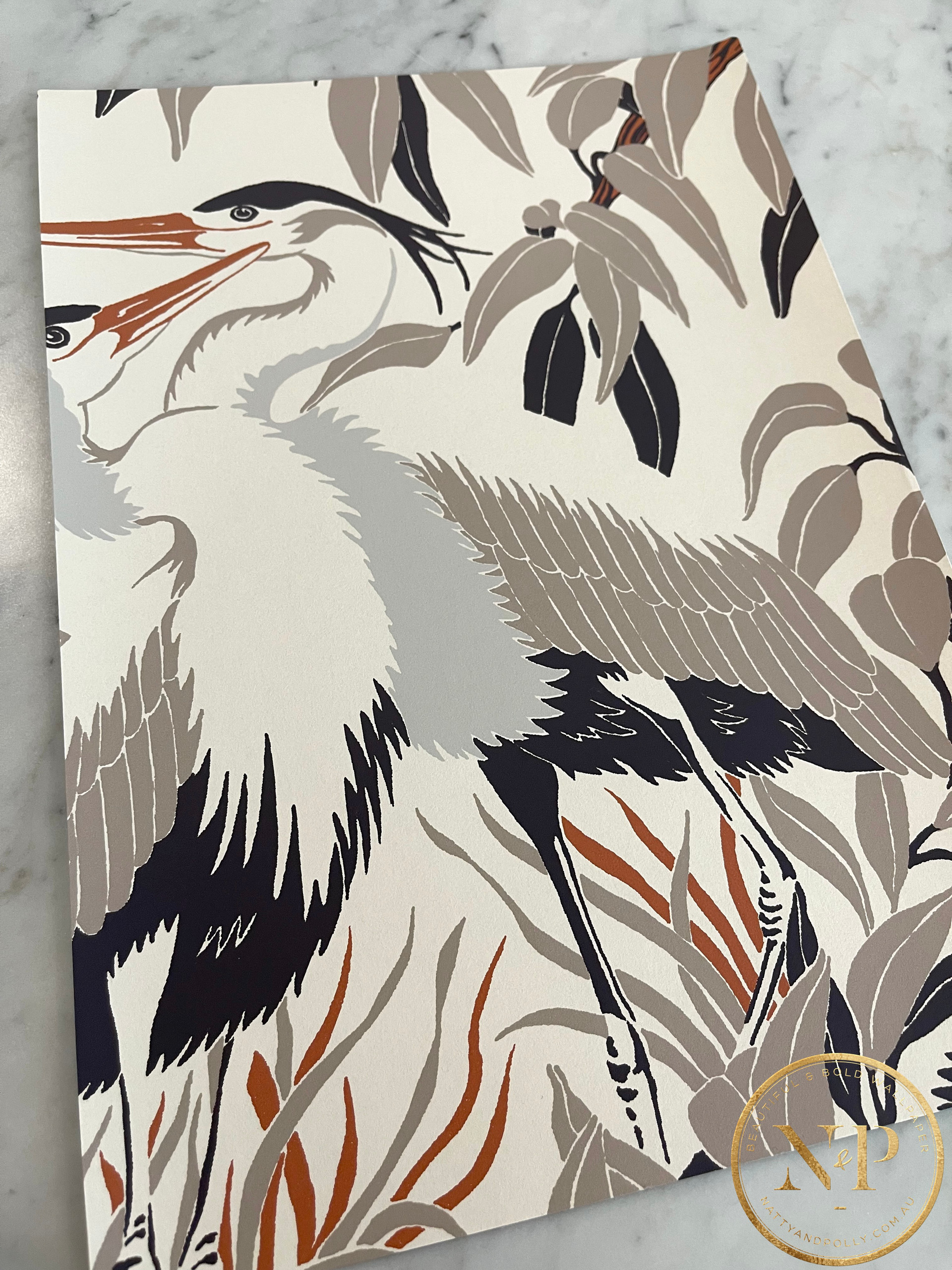 Oriental Heron Birds Wallpaper Beige and Grey | Langelid / Von Bromssen ...
