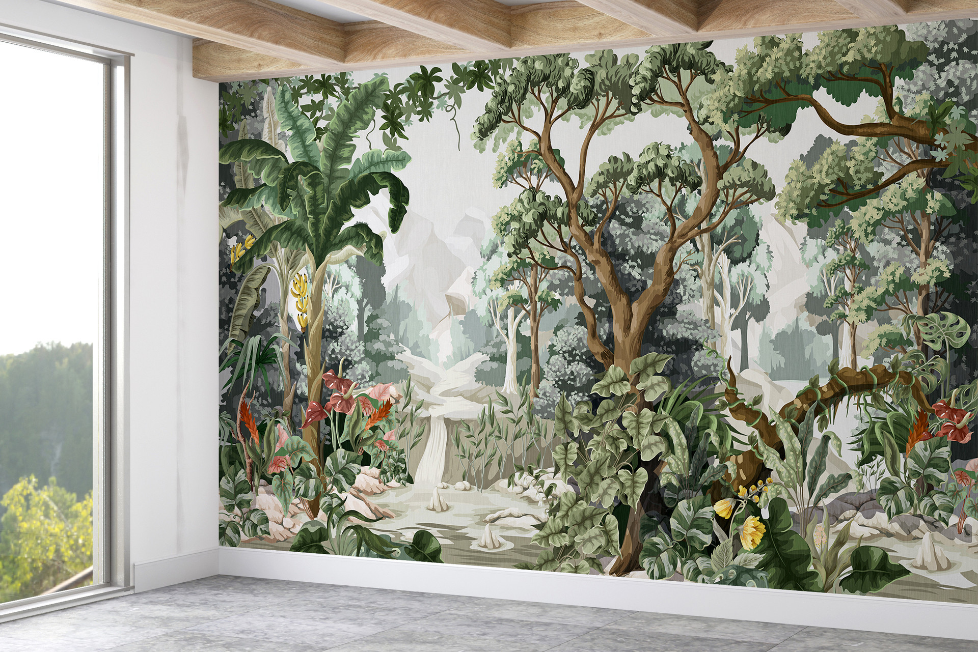 Muted Tones Tree Landscape Paint Effect Wallpaper Mural | Banana Palm