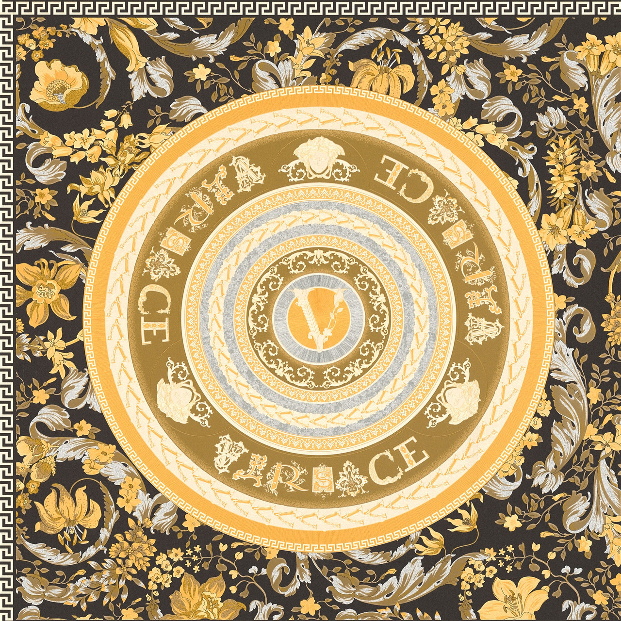 Geometric Textured Round Motif Floral Black Gold Metallic Vinyl ...