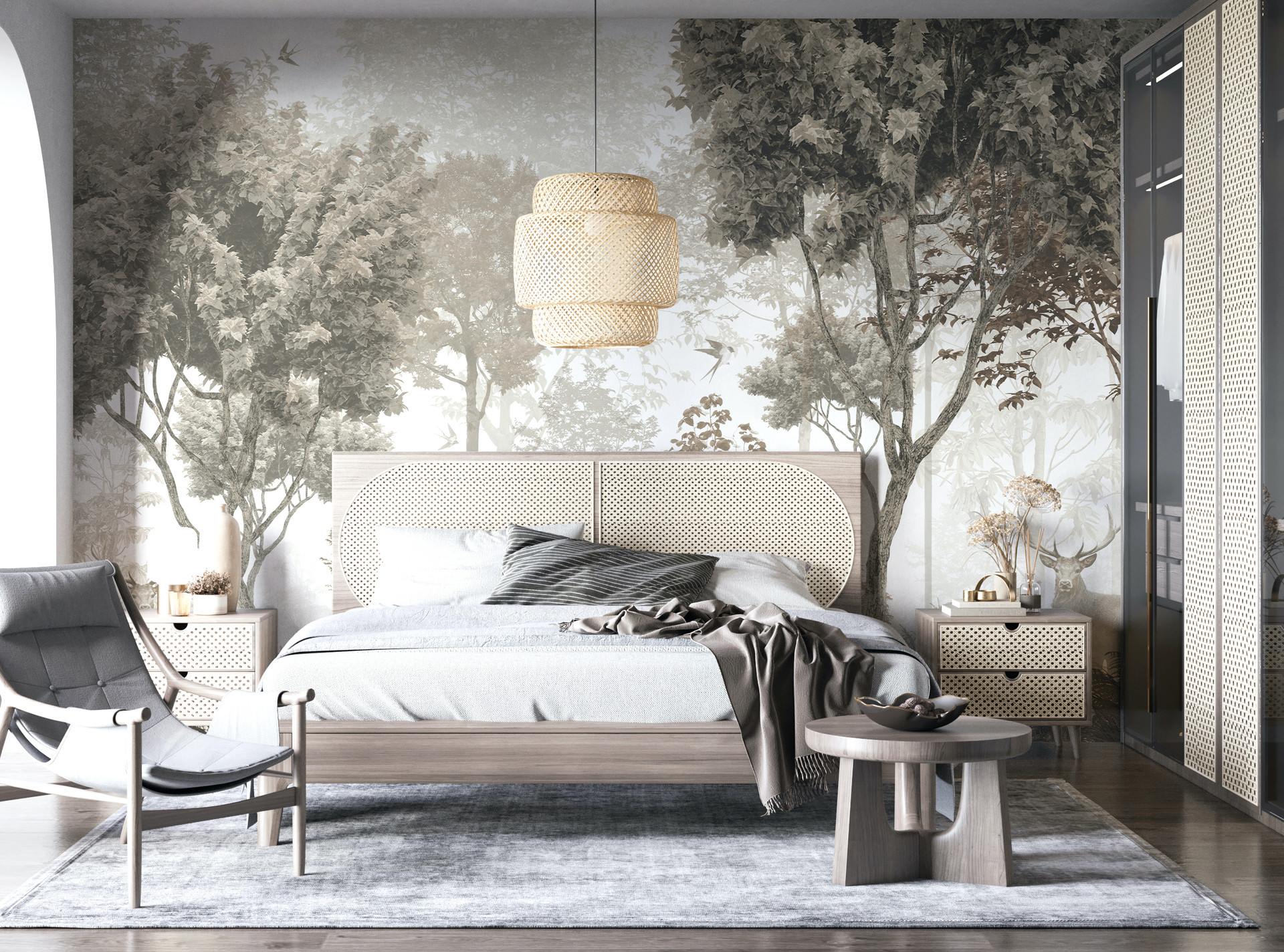 Beautiful Treescape Forest Wallpaper Mural with Deer and Birds