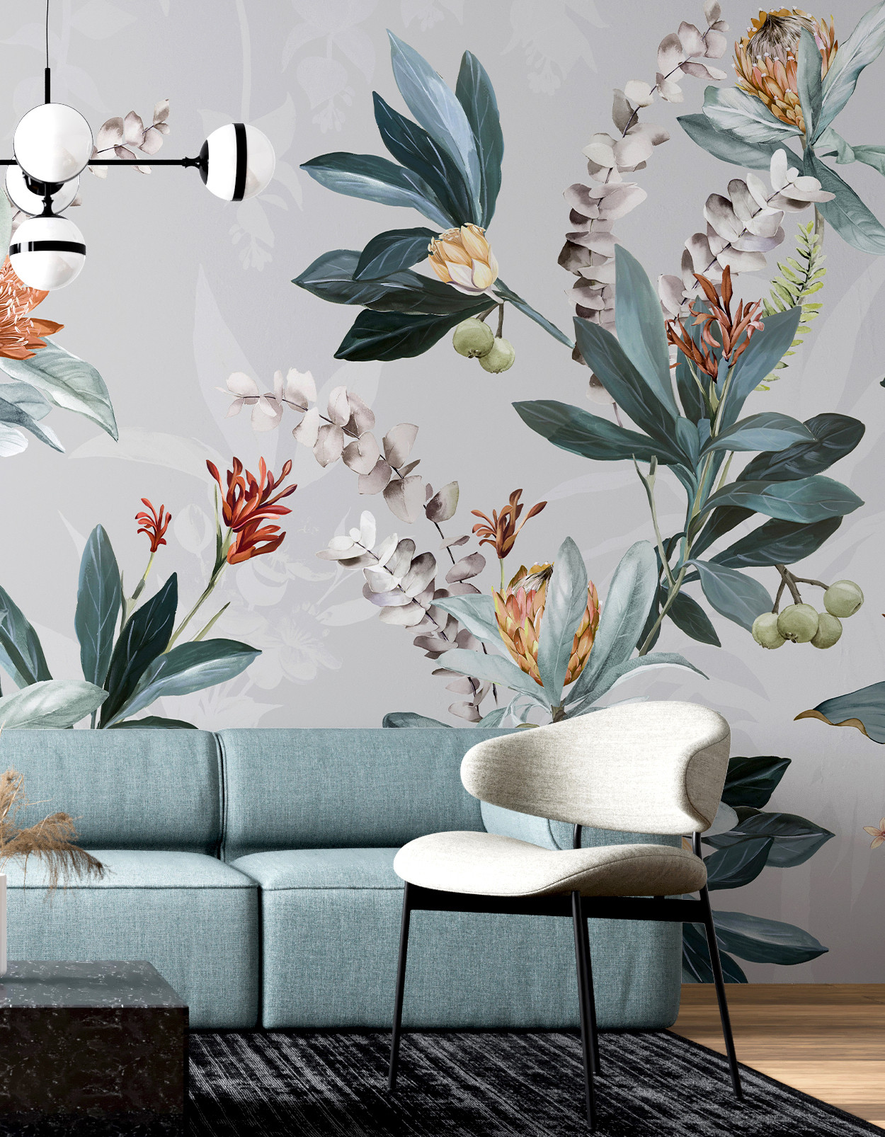 Grey Australian Botanical Plants Wallpaper Mural
