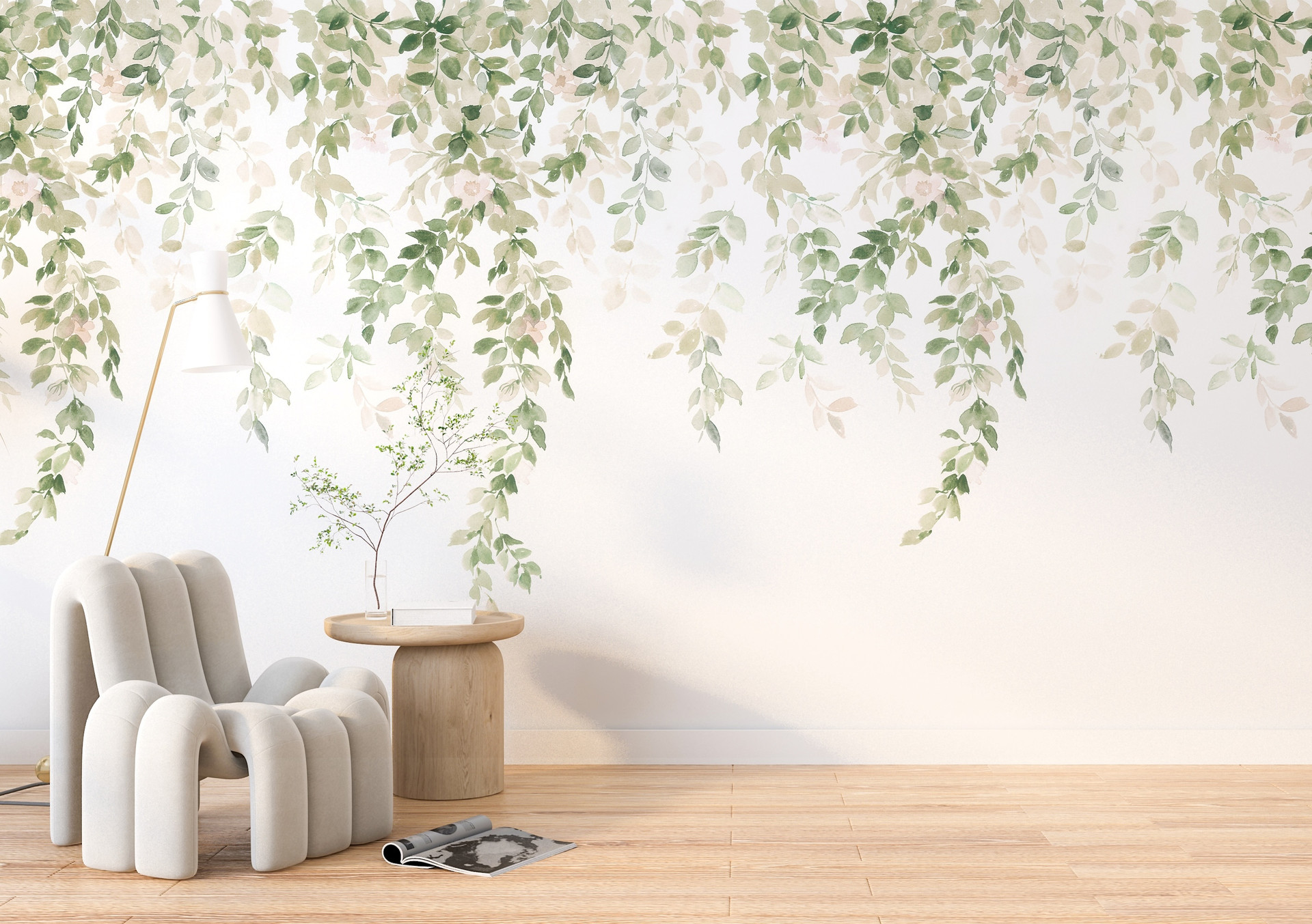 Green and Soft Pink Trailing Leaves Wallpaper Mural