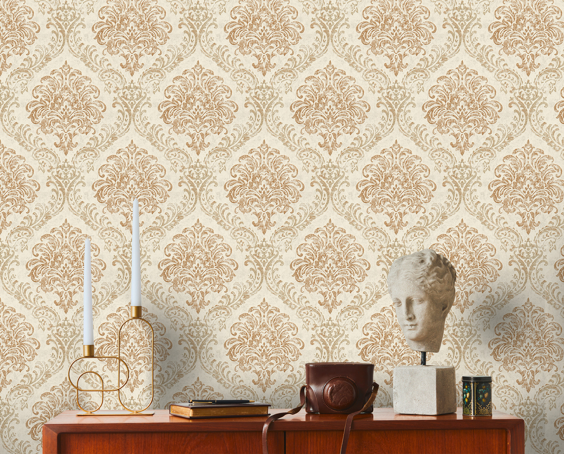 Rustic Effect Damask Cream Gold Wallpaper | AS Creation Rustic Damask