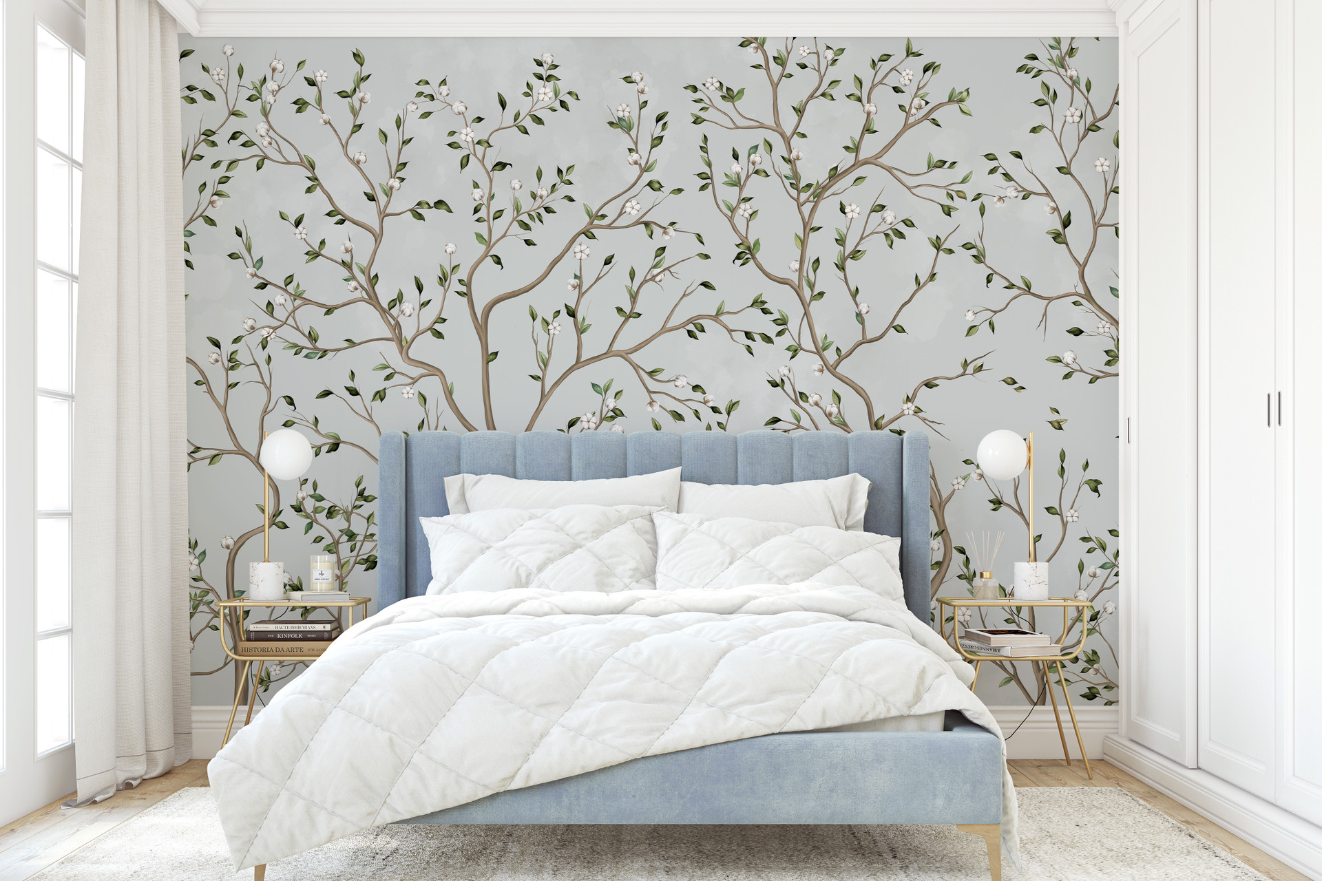 Sky Blue Woodland Trees with Cotton Flowers Wallpaper Mural
