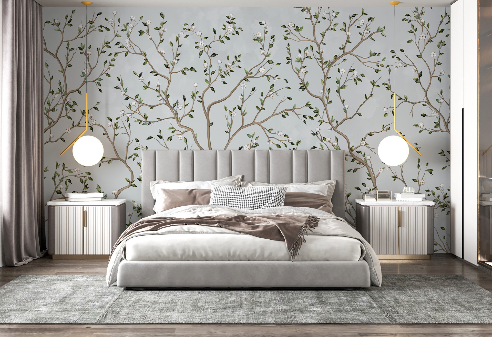 Sky Blue Woodland Trees with Cotton Flowers Wallpaper Mural