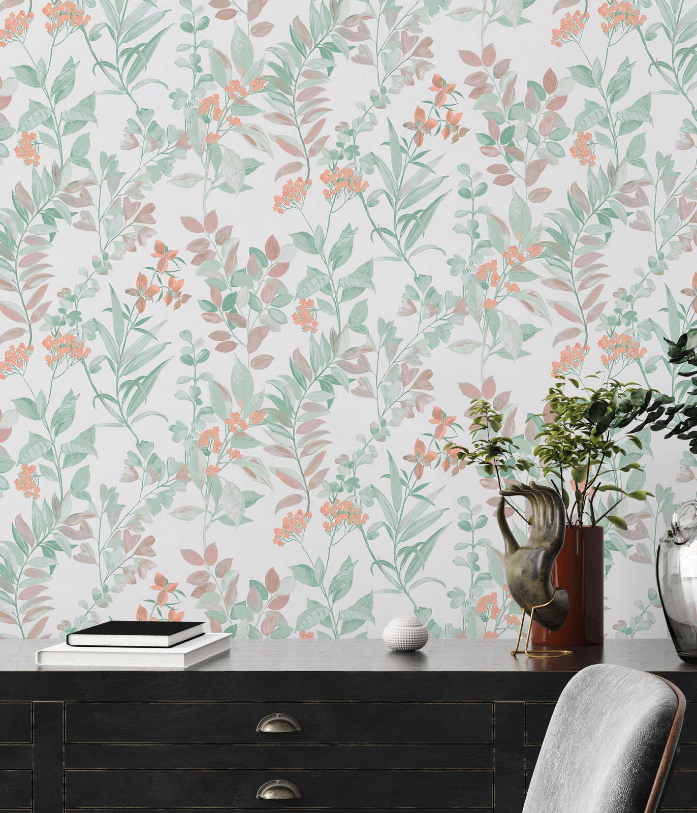 Spring Garden Leaves And Blooms Blue Pink Non Woven Wallpaper ...