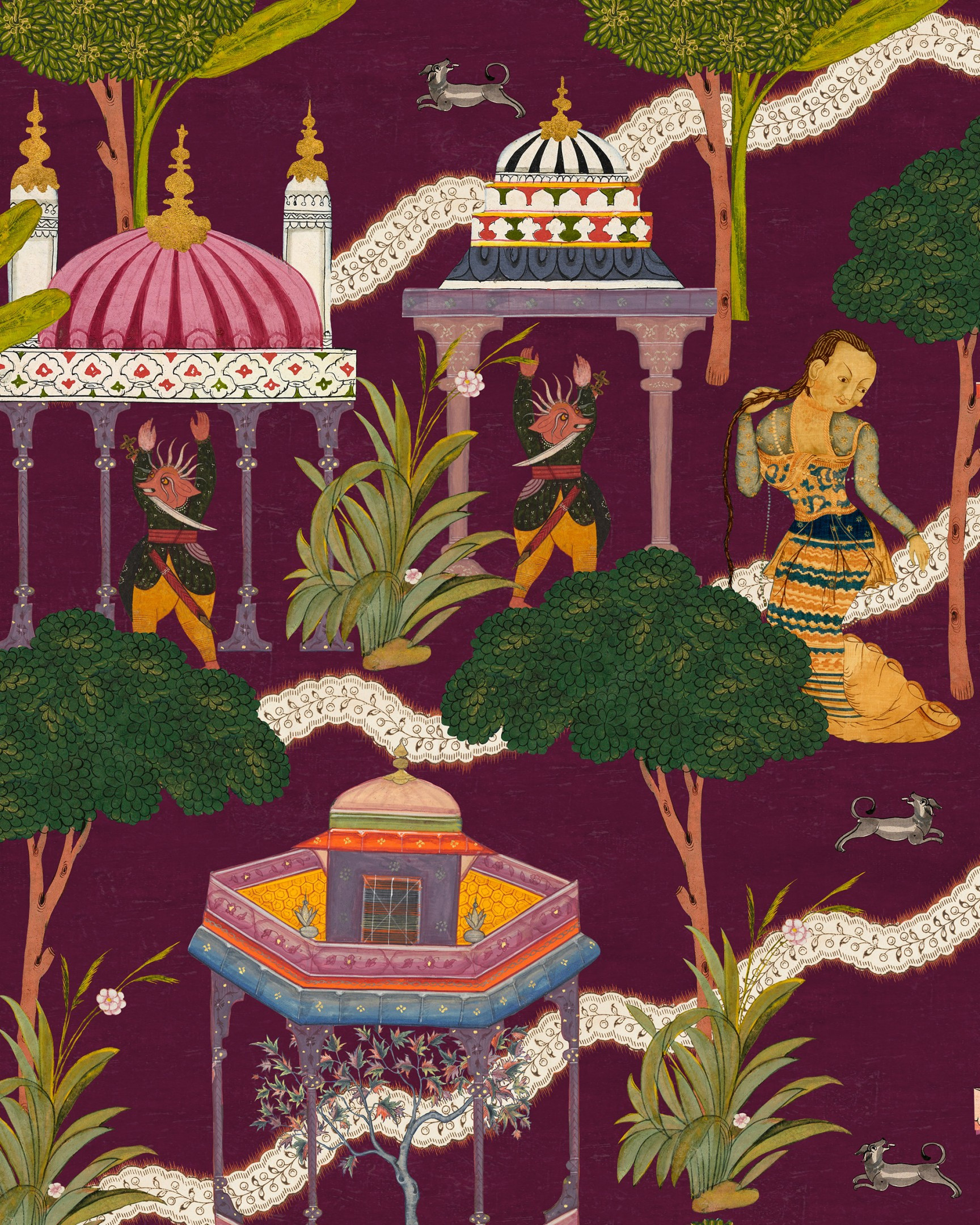 Architectural Structures Mythical Dancers Trees Mauve Purple Wallpaper ...