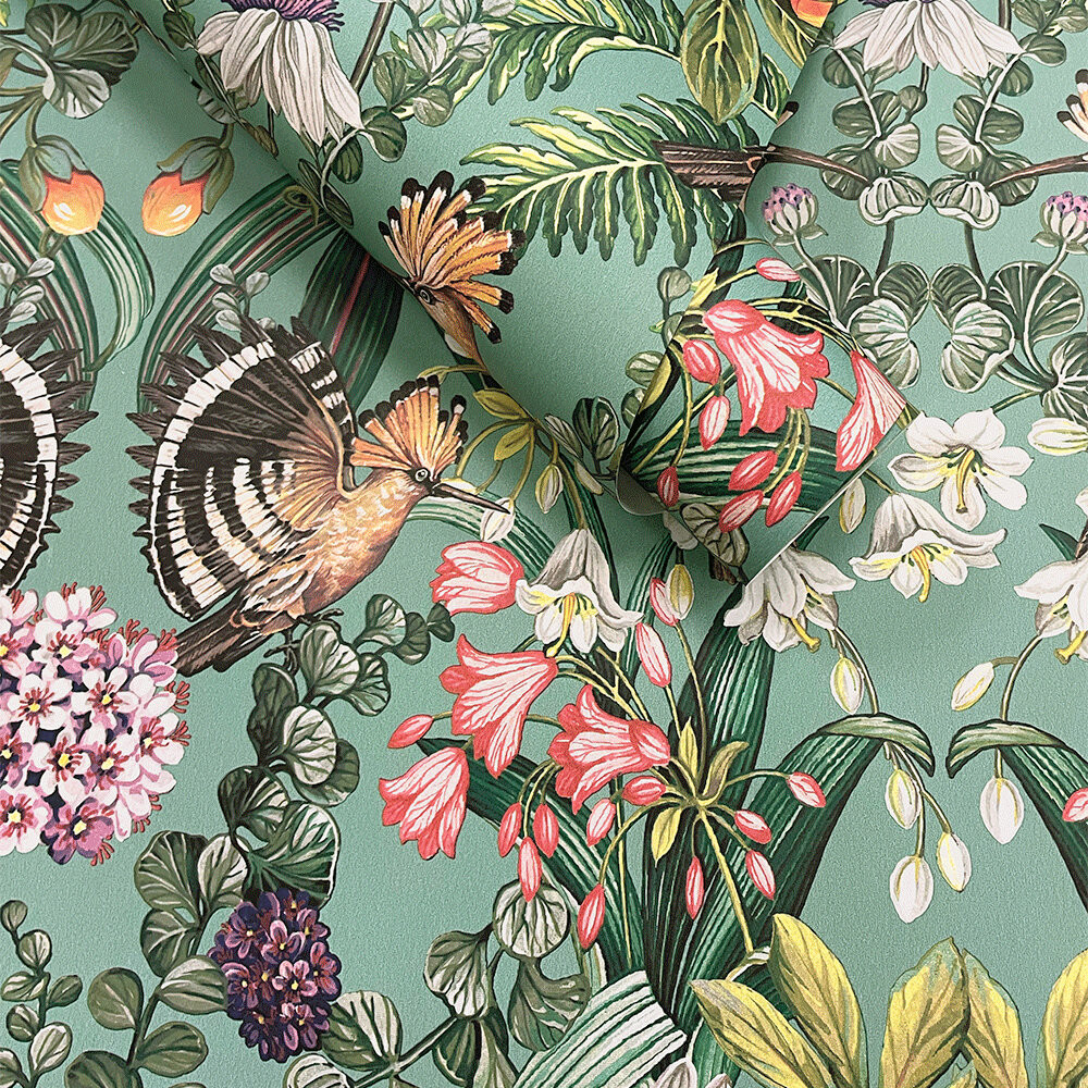 Botanical Blooming Flowers Tropical Birds Teal Green Wallpaper | Marimo