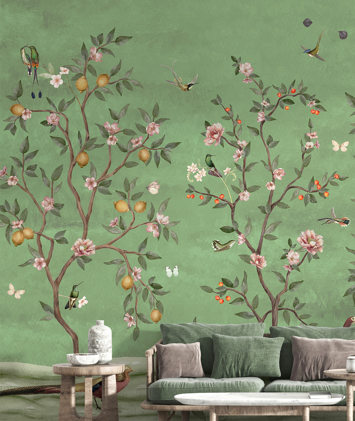 Stunning Green Chinoiserie Lemon Tree Wallpaper Mural | Made in Australia