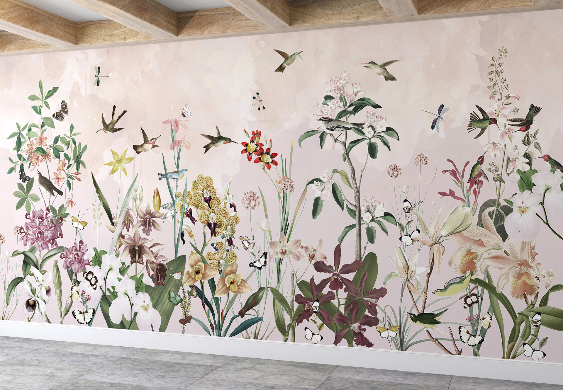 Brightly Coloured Garden Birds and Bugs Wallpaper Mural | Pink | Imary ...