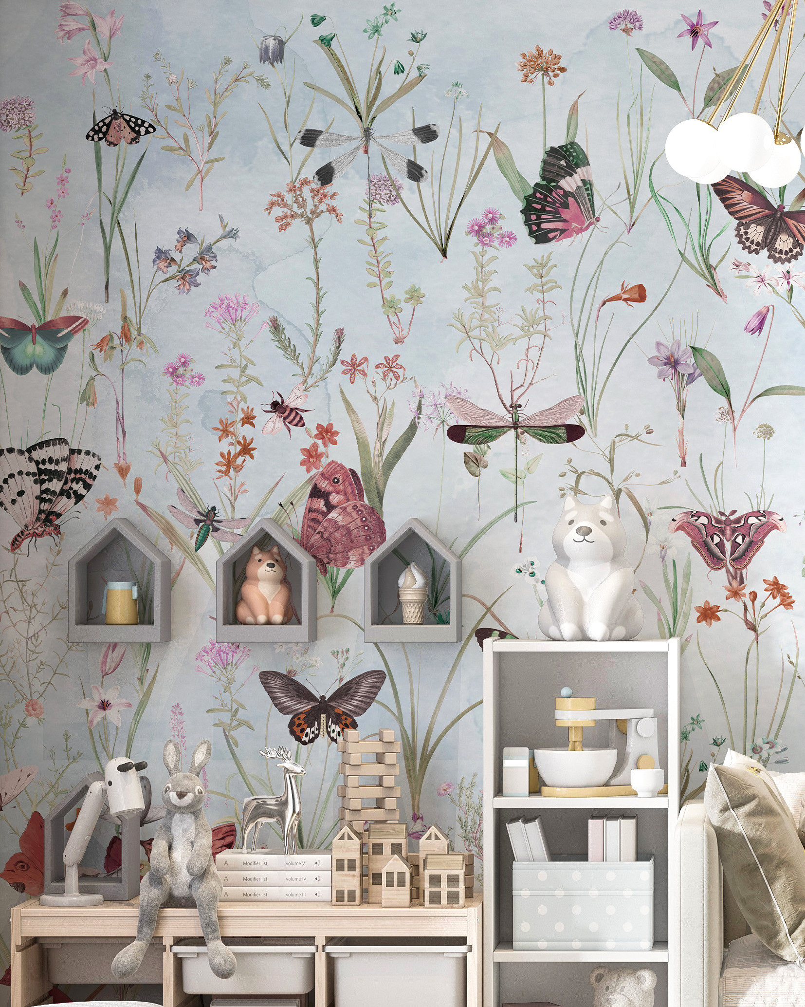 Herbs And Butterflies Multicolour Sky Blue Mural Wallpaper | Imary By ...