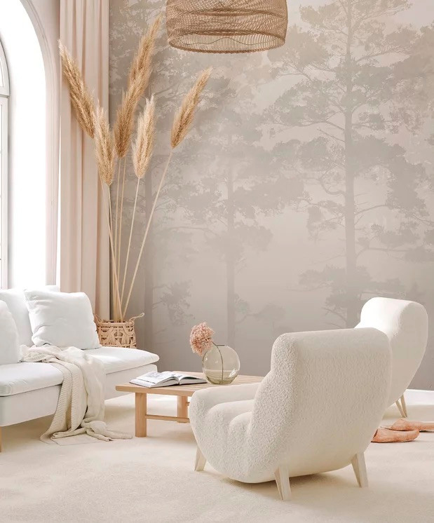 Misty Pine Forest Trees Natural Beige Wallpaper Mural