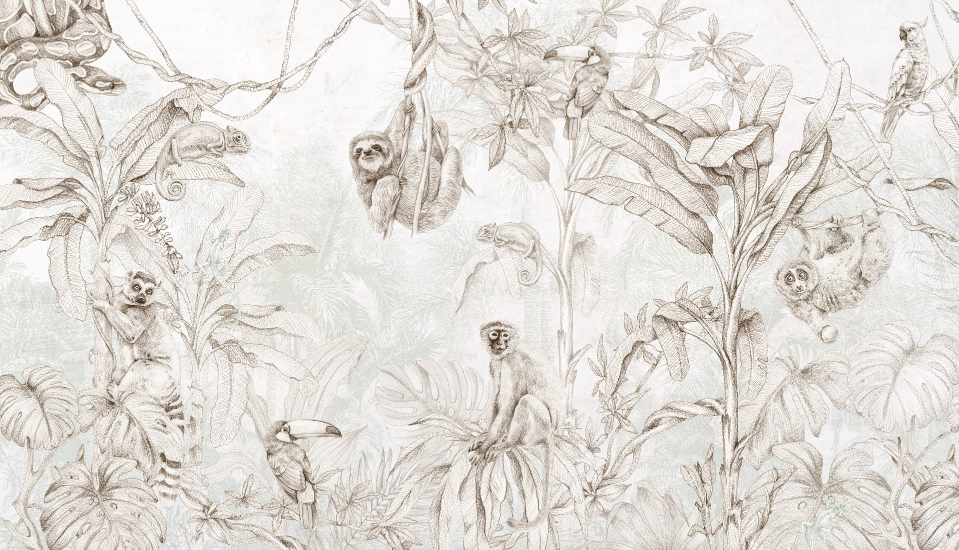 Sepia and Green Jungle Animals Wallpaper Mural | Lemur, Lori, Lizards
