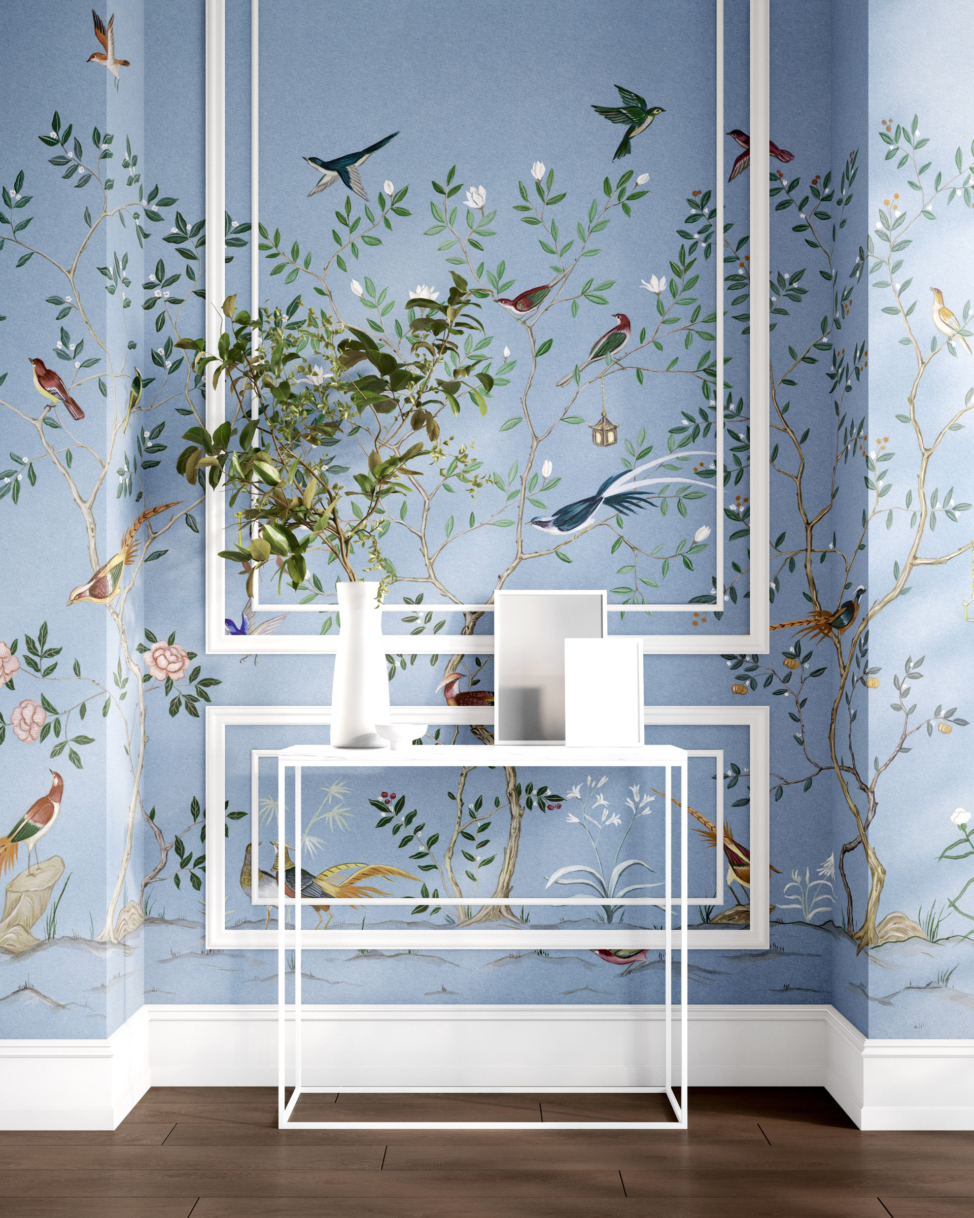 Stunning Blue Chinoiserie Wallpaper Mural Ft. Birds of South East Asia
