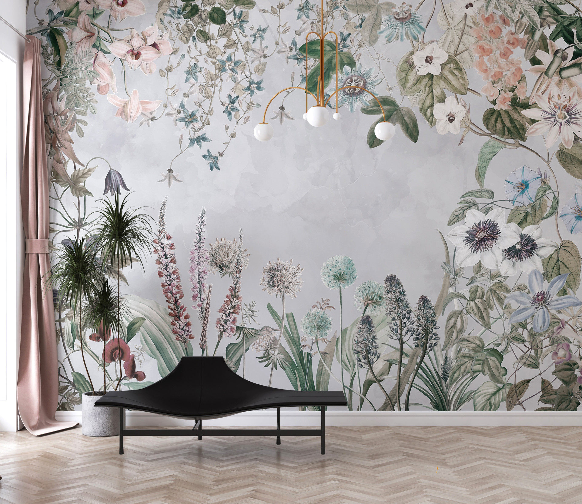 Grey Hanging Florals Wallpaper Mural | Imary By Maryna