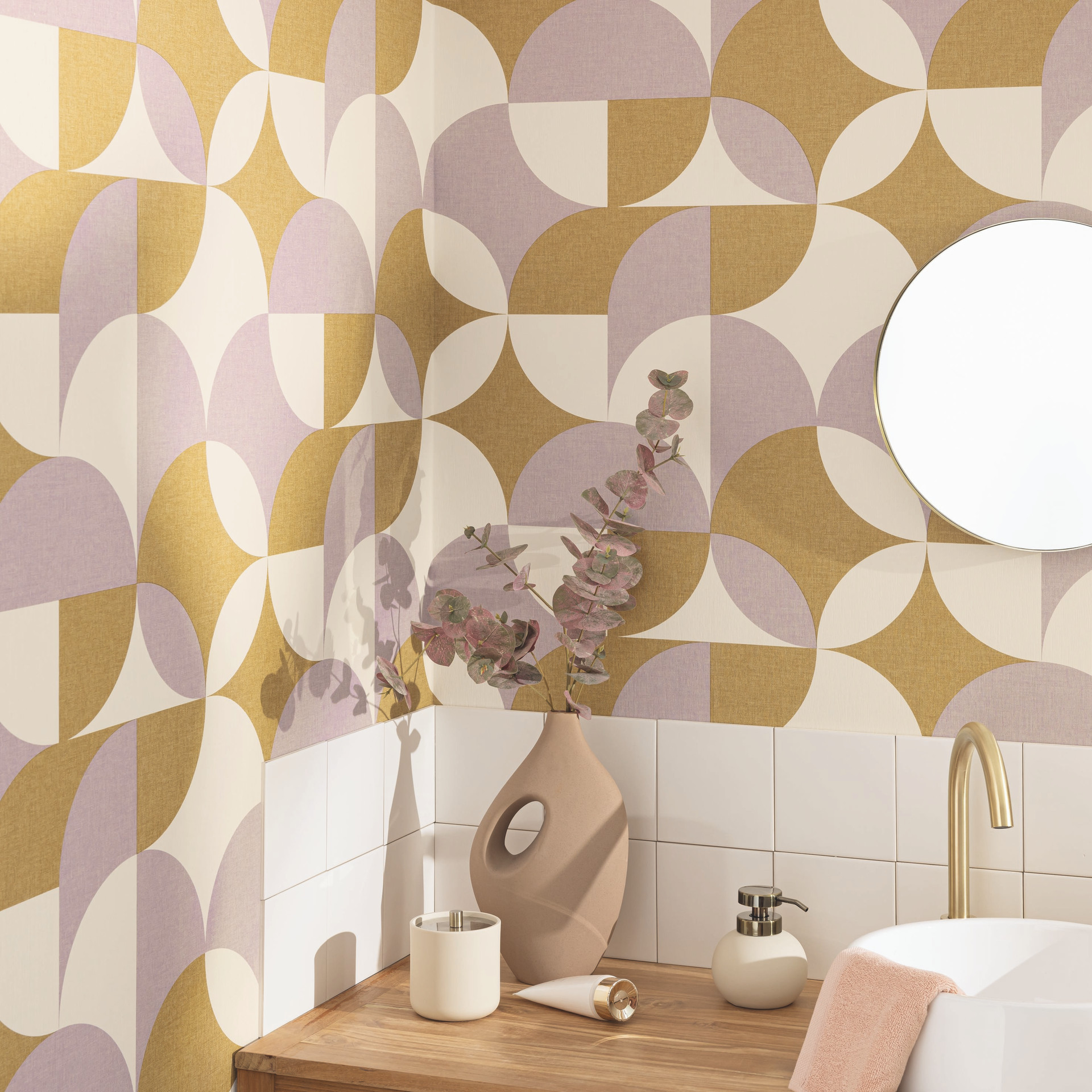 Rounded Geometric Retro Effect Khaki and Violet Vinyl Wallpaper ...