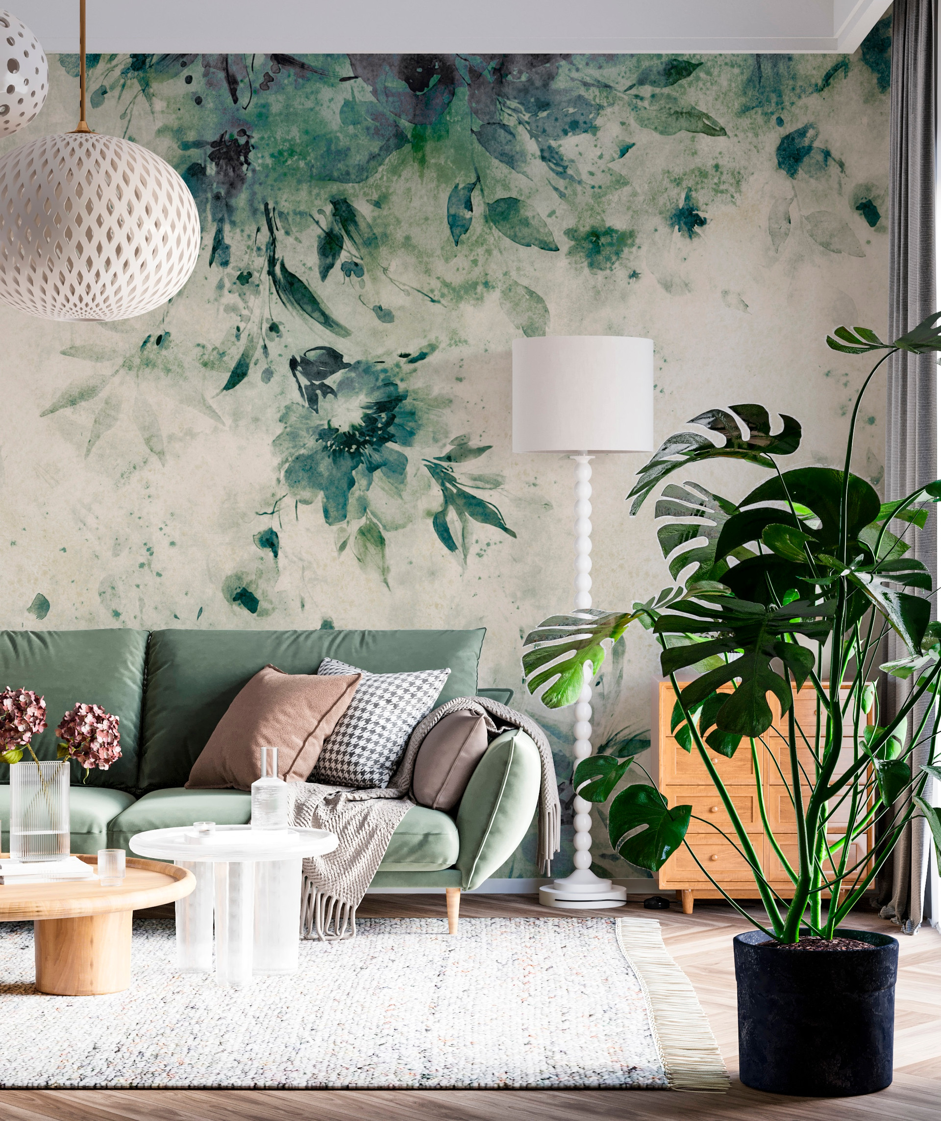 Watercolour Trailing Leaves Flowers Green Mural Wallpaper | Origin ...