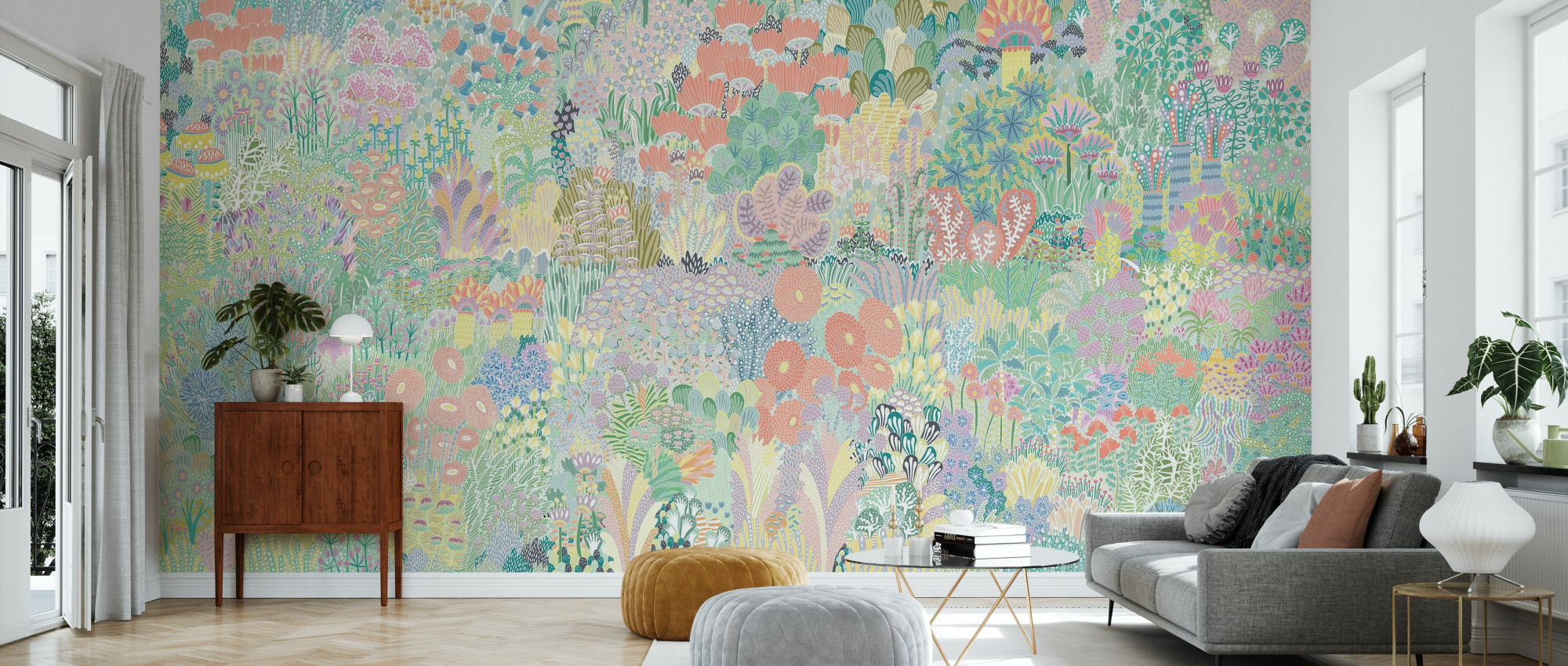 Crayon Style Colourful Plants Wallpaper Mural