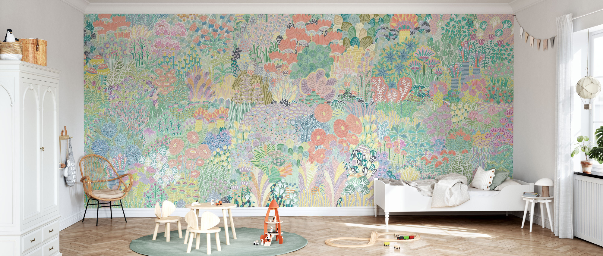 Crayon Style Colourful Plants Wallpaper Mural